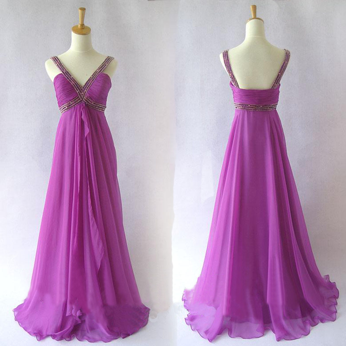Beaded Purple Long Prom Dress,straps V-neck Empire Waist Chiffon Floor ...